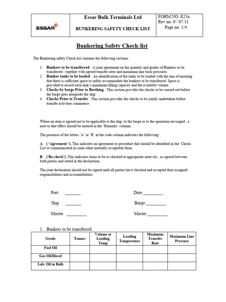 Bunkering Safety Checklist E23a | PDF | Fuel Oil | Ships