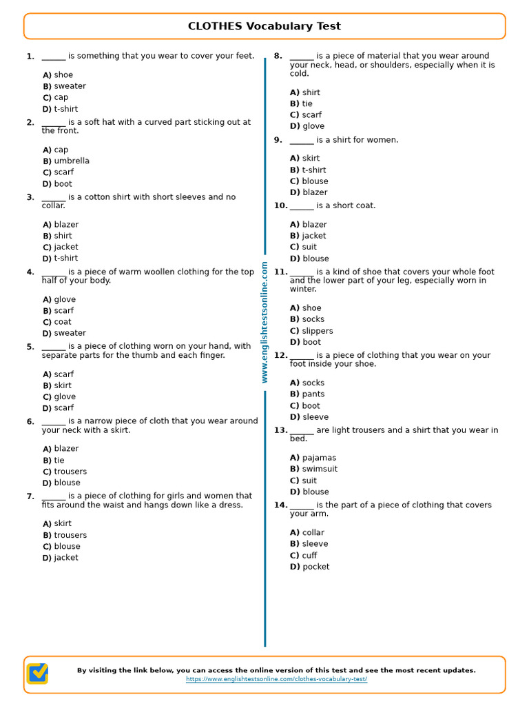 126 - Clothes Vocabulary Test | PDF | Blouse | Shirt