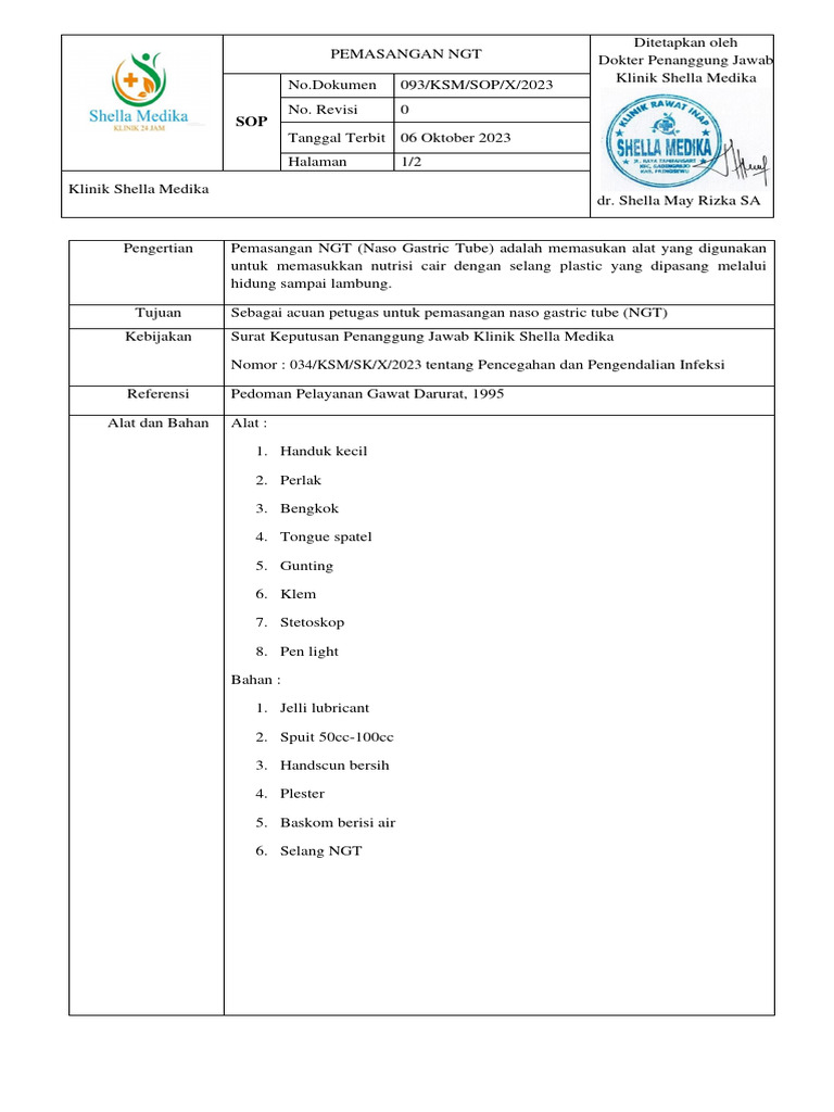 SOP Pemasangan NGT | PDF