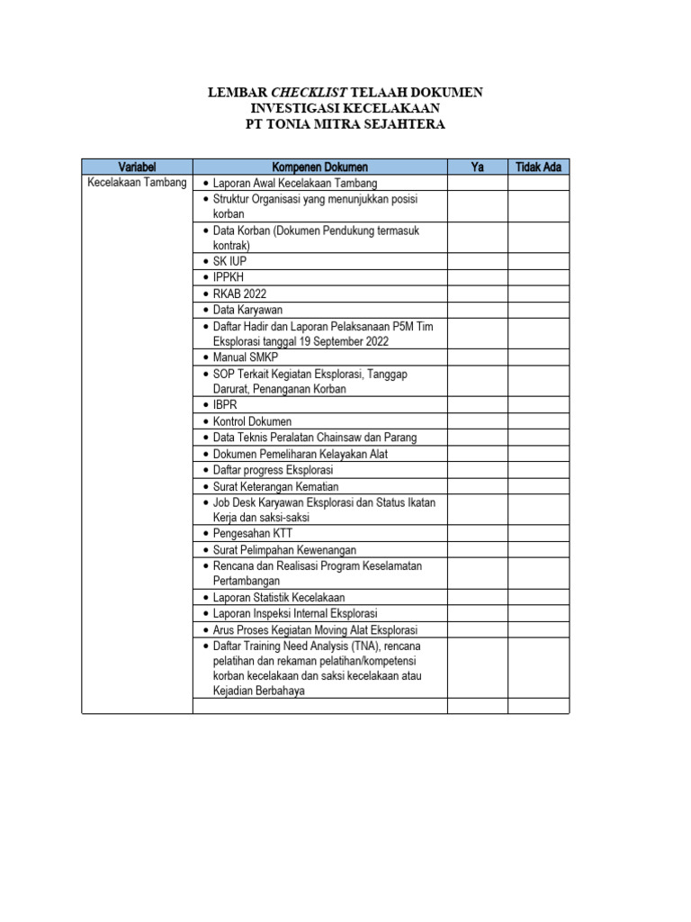 Lembar Cheklis Dokumen Investigasi | PDF