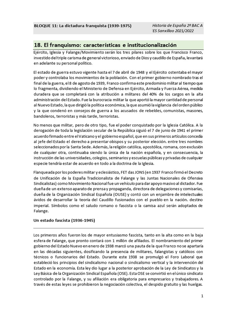 BLOQUE 11 - Franquismo | PDF | España franquista | Francisco franco BLOQUE 11 - Franquismo | PDF | España franquista | Francisco franco