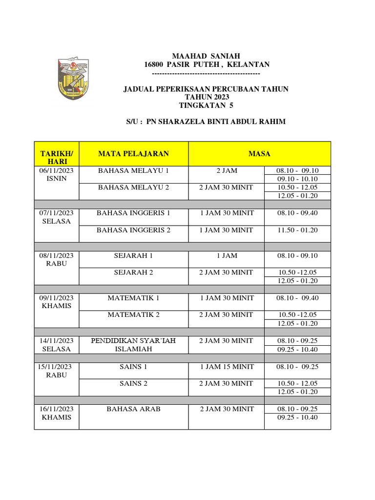 Jadual Trial SPM 2023-1 | PDF