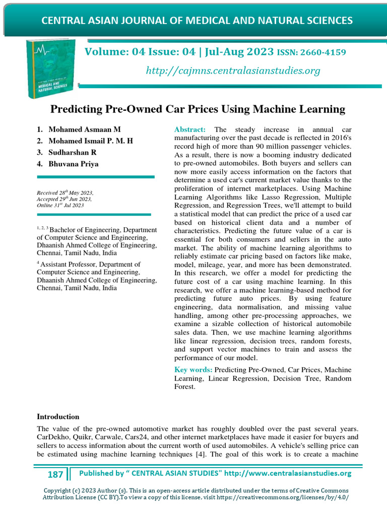 Predicting Pre-Owned Car Prices Using Machine Learning | PDF | Software ...