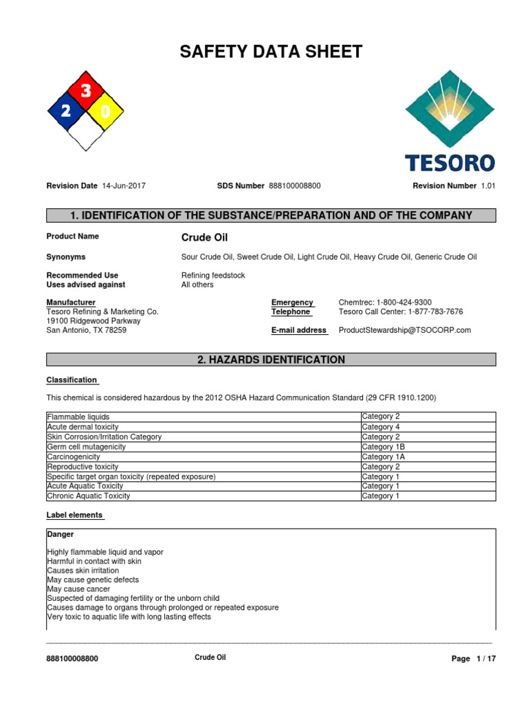 Crude Oil SDS Tesoro | PDF | Benzene | Toxicity