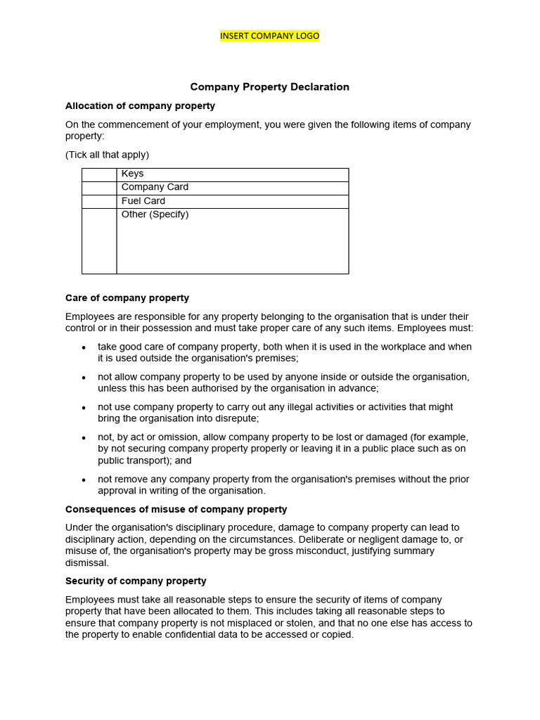 Company Property Form | PDF | Employment | Property