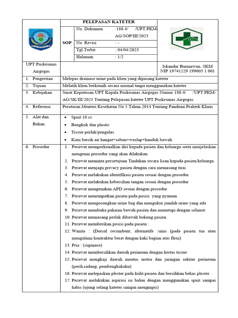 Sop Pelepasan Kateter | PDF