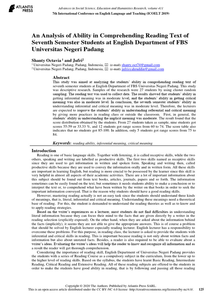 An Analysis of Ability in Comprehending Reading Text of Seventh ...