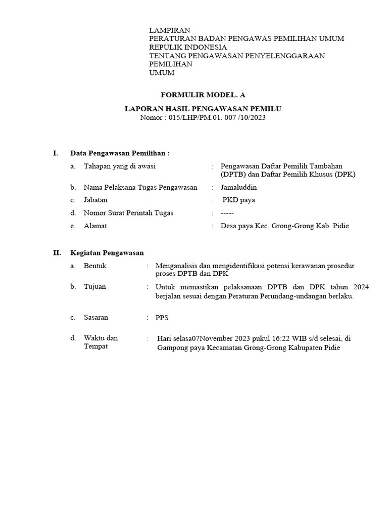 Pengawasan Form.A DPTB dan DPK grong2_ 6-11-23 al maida | PDF
