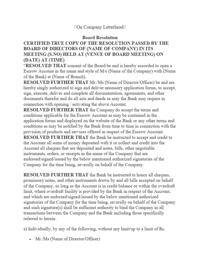 Board Resolution Format - Escrow Account | PDF | Banks | Cheque