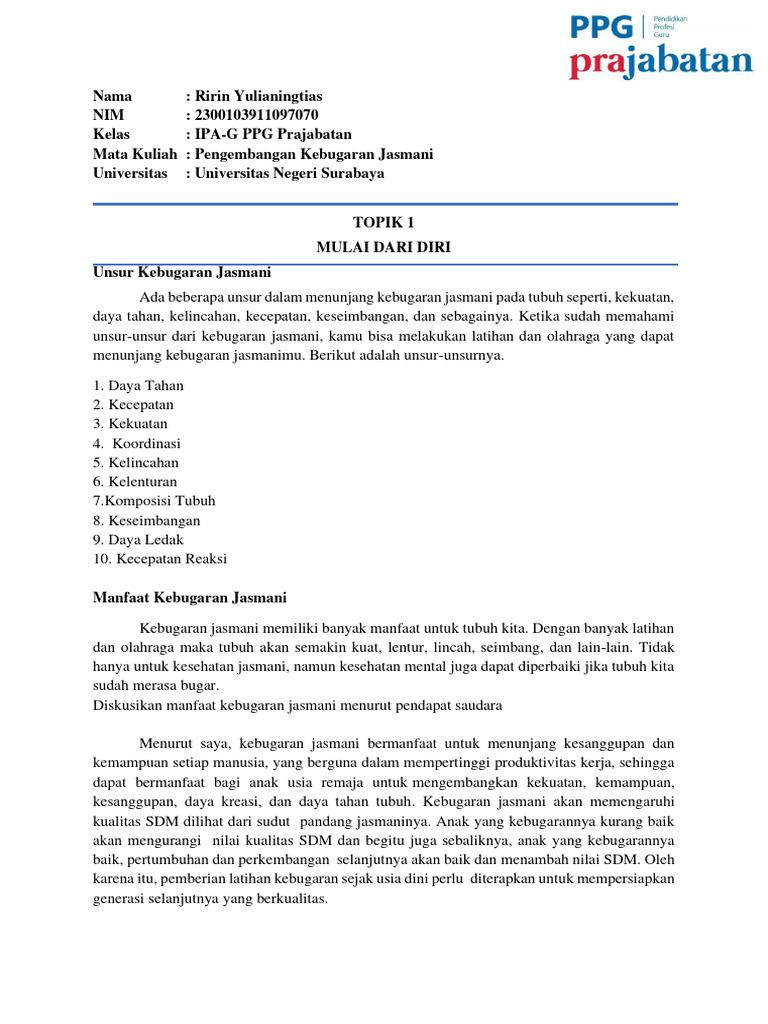 Tugas T1 - Kebugaran - Mulai Dari Diri | PDF