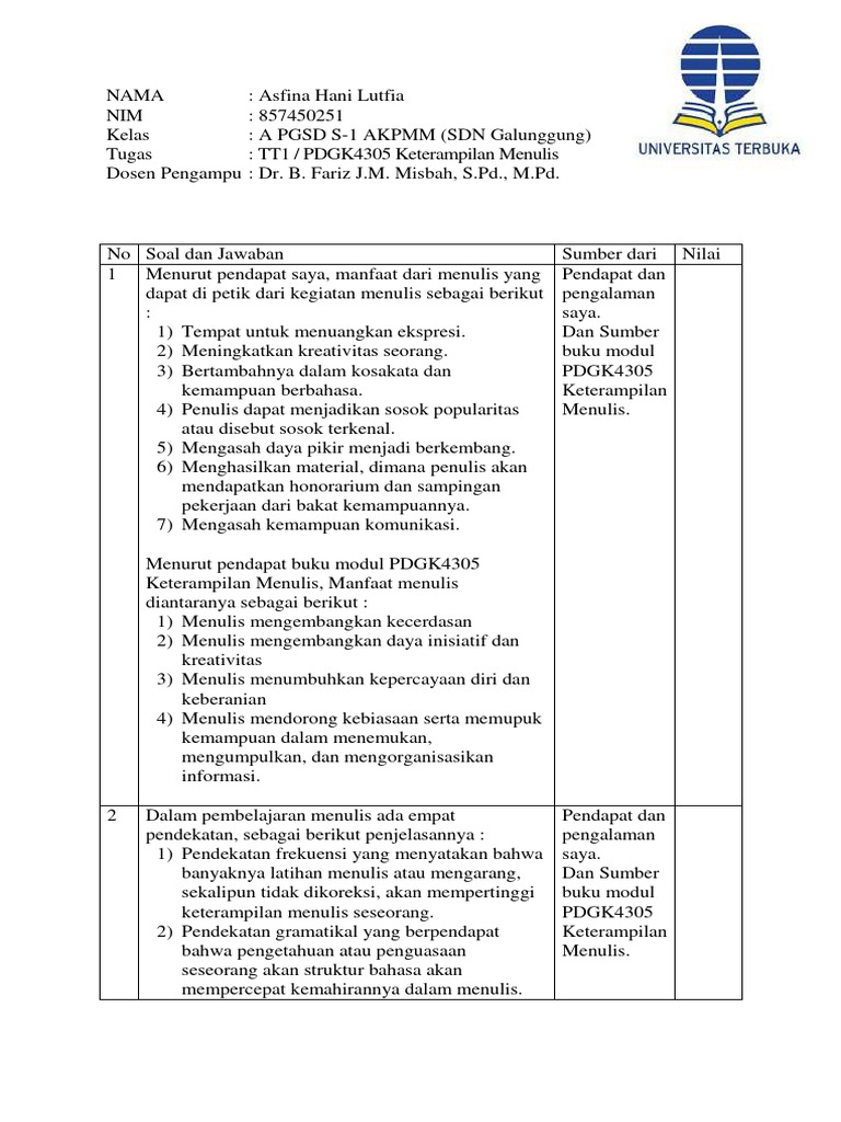 PDGK4305 Keterampilan Menulis TT1 Asfina Hani Lutfia 857450251 | PDF