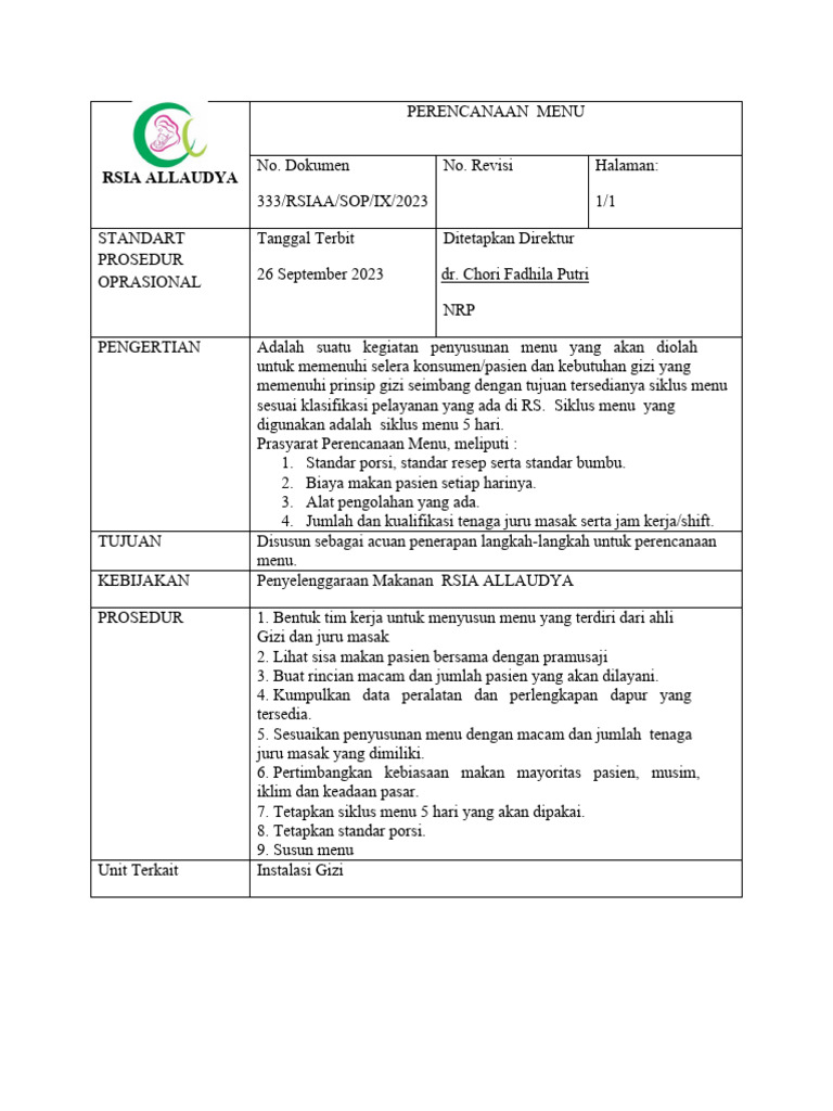 Spo Perencanaan Menu | PDF