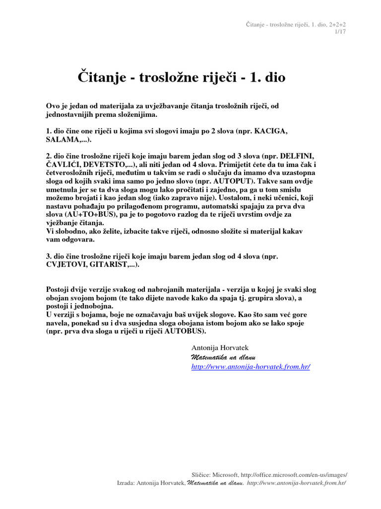 Citanje Troslozne Rijeci 1 Dio BOJA | PDF