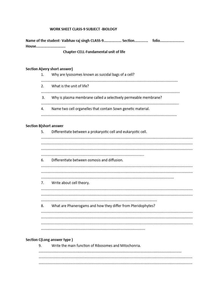 Work Sheet Class 9 Bio For Google Classroom | PDF | Cell (Biology ...