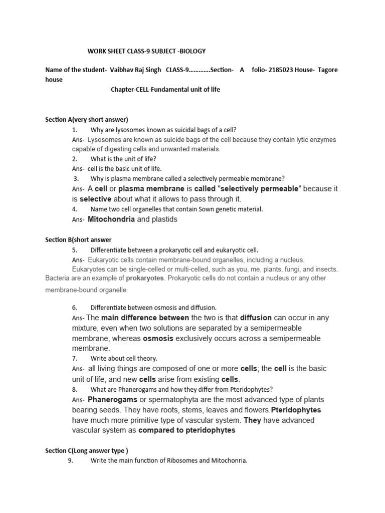 WORK SHEET CLASS 9 BIO FOR GOOGLE CLASSROOM | PDF | Cell (Biology ...