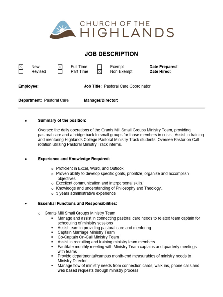 Pastoral Care Coordinator Job Overview | PDF