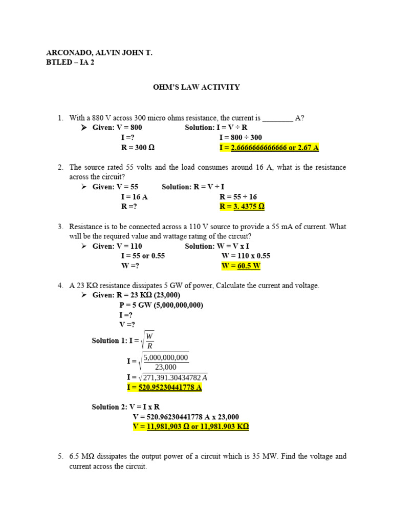 Ohm's Law Activity | Download Free PDF | Volt | Electrical Resistance ...