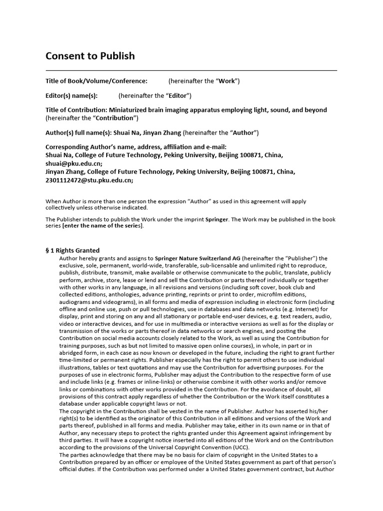 Contract Book Contributor Consent To Publish (Springer) V.02 | PDF ...