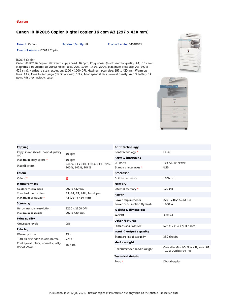 Canon Ir Ir2016 Copier Digital Copier 16 CPM A3 | PDF | Information ...