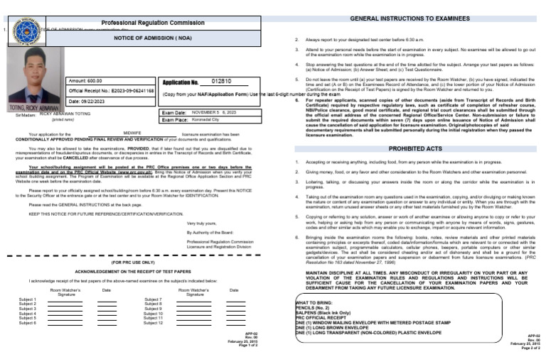 General Instructions To Examinees Professional Regulation Commission | PDF | Envelope