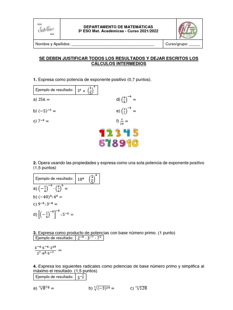 Examen T2 Potencias y Raices 3ESO 2021 2022 | PDF | Objetos matemáticos | Matemáticas