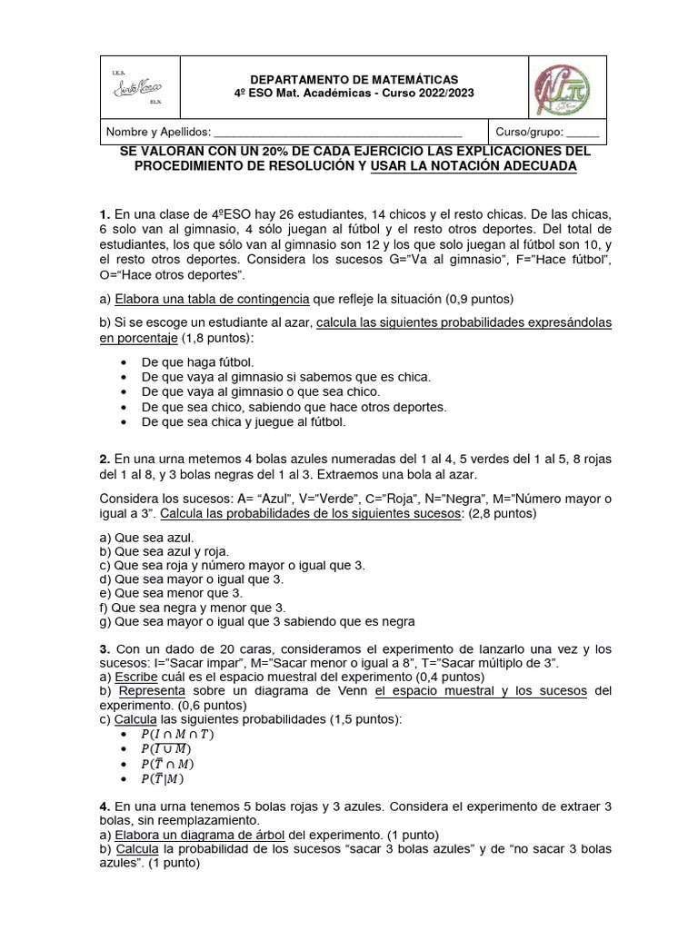 Examen T14 Probabilidad 4ESO 22 23 | PDF