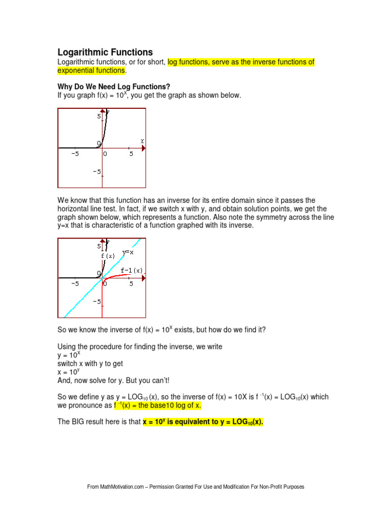 Log Functions Pdf Logarithm Function Mathematics