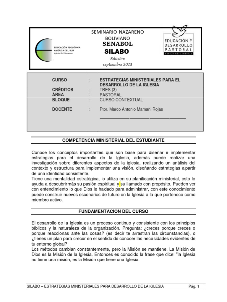 SILABO - Estrategias Ministeriales para El Desarrolo de La Iglesia - CONTEXTUAL LA01 | PDF ...