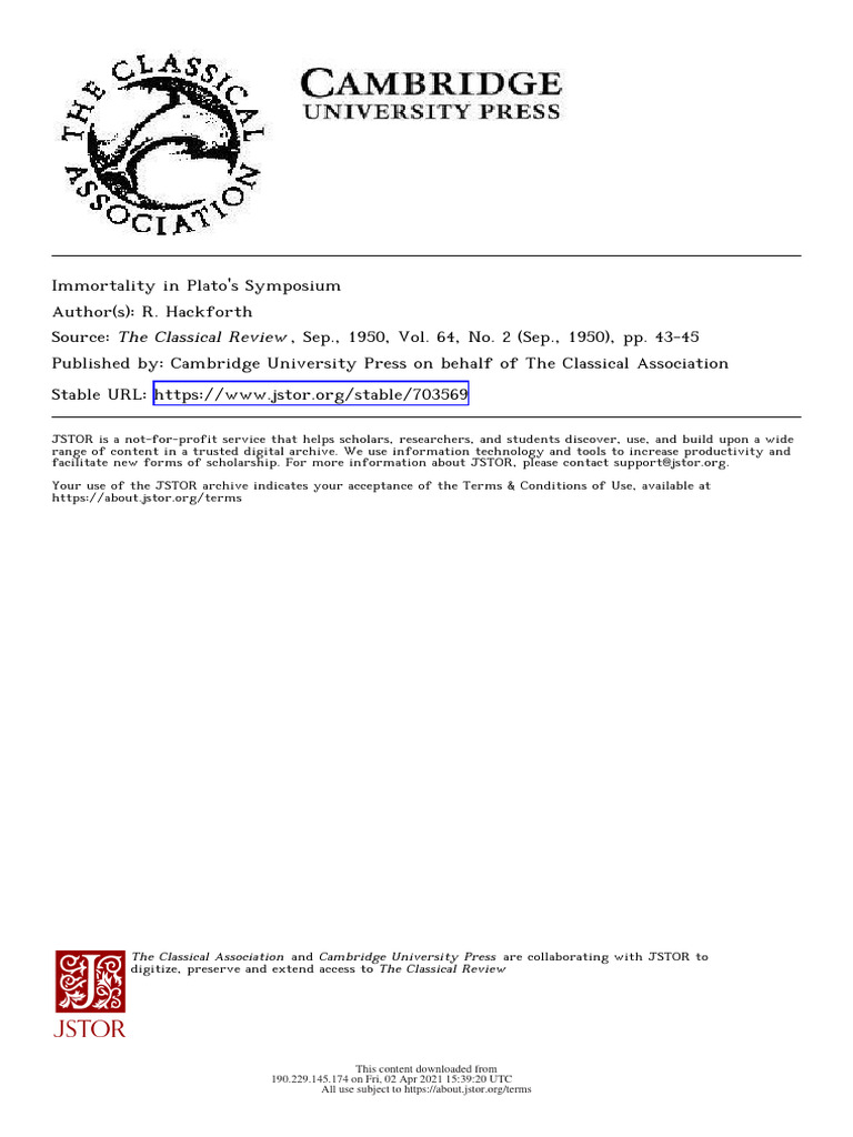 Hackforth - Immortality in Plato's Symposium | PDF | Plato | Soul