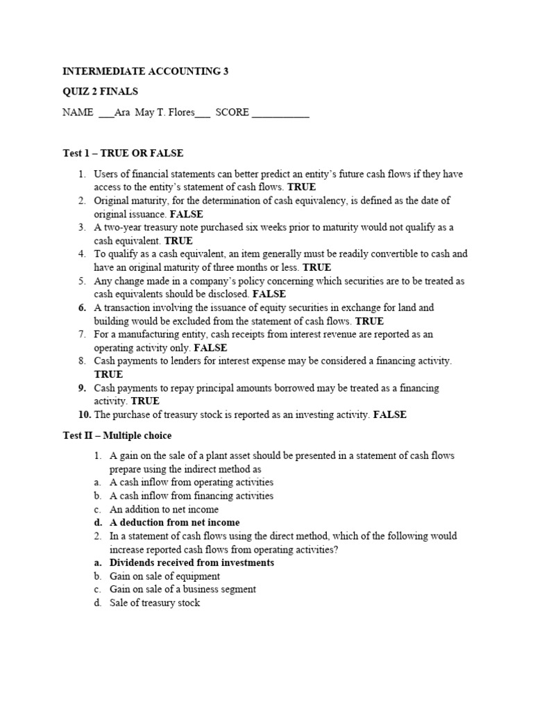 Quiz 2 - Finals - Cash Flow Statement-Intermediate Accounting 3 | PDF ...