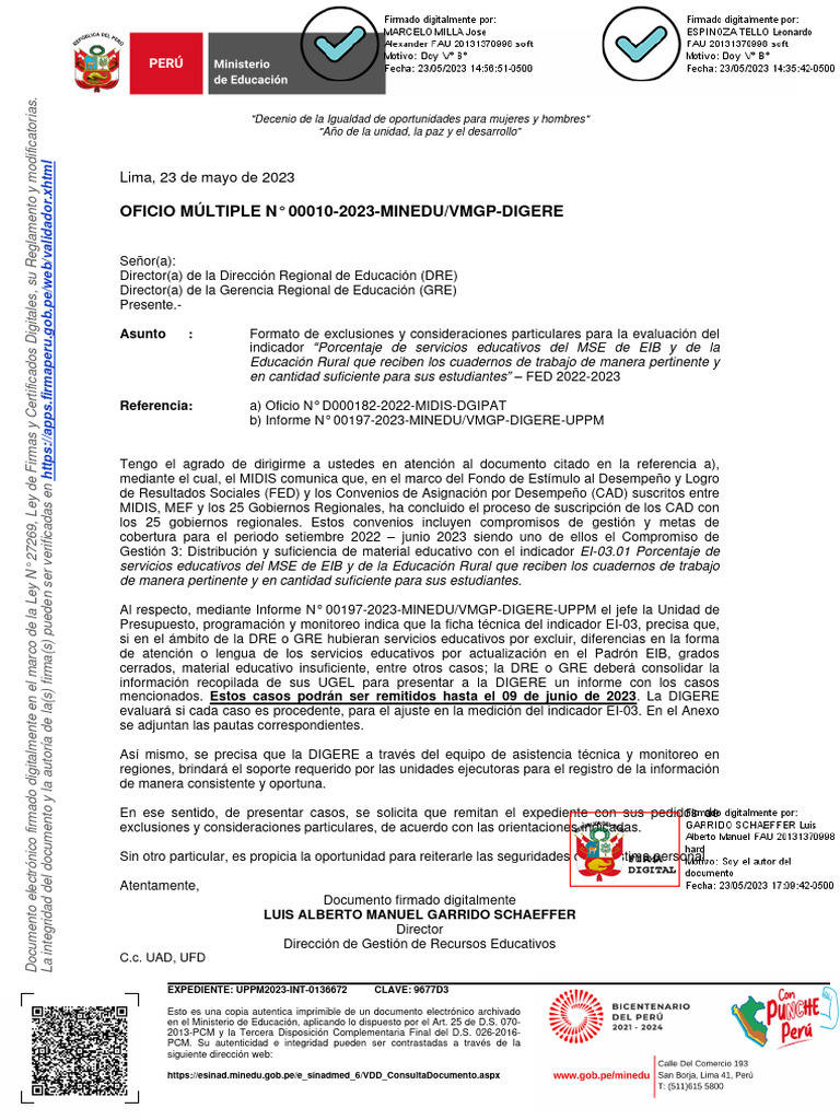 Oficio - Multiple 00010 2023 Minedu VMGP Digere | PDF