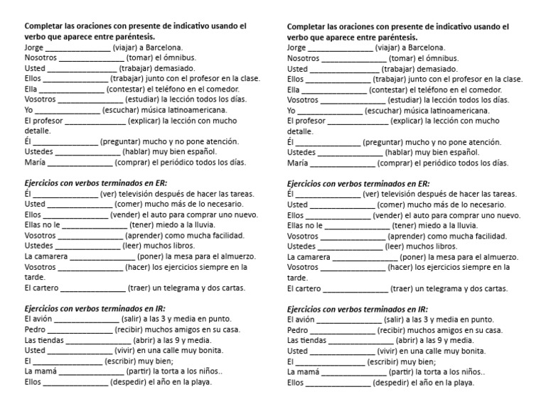 Ejercicios Verbos Regulares Espanol AR ER IR | PDF