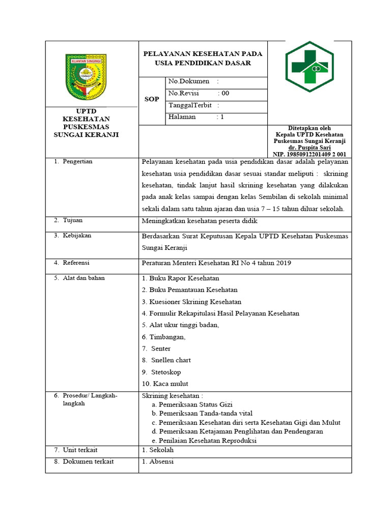 SOP Pelayanan Kesehatan Pendidikan Dasar | PDF | Kesehatan Holistik ...