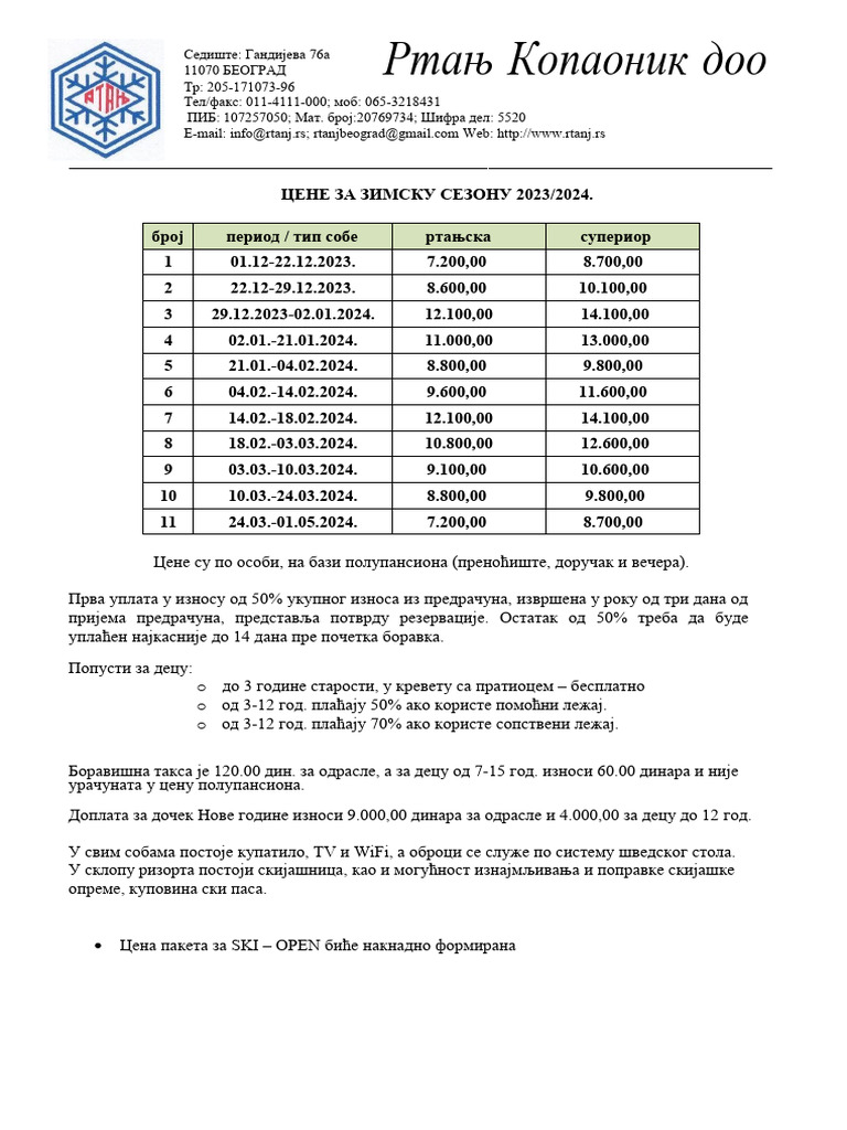 Cene Za Zimsku Sezonu 2023-2024 | PDF