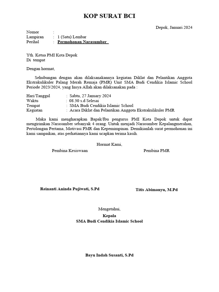 Permohonan Narasumber PMR SMA BCI | PDF