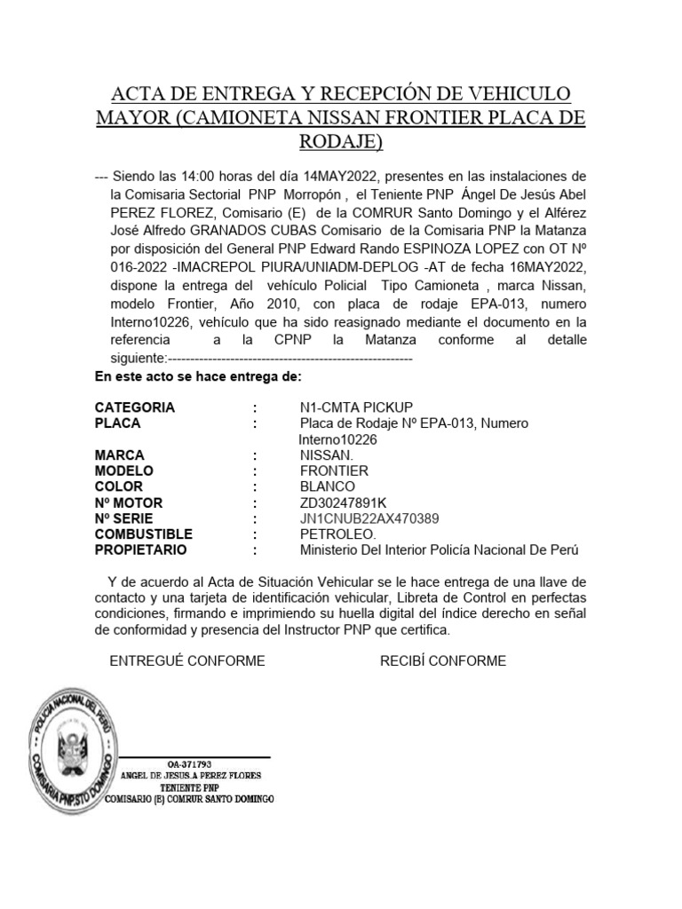 ACTA DE ENTREGA Y RECEPCIÓN DE VEHICULO MAYOR | PDF | Industria ...