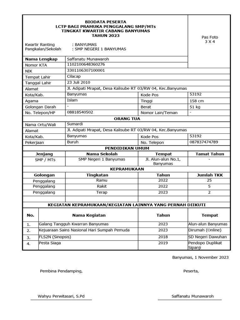 Biodata LCTP - Saffa-1 | PDF