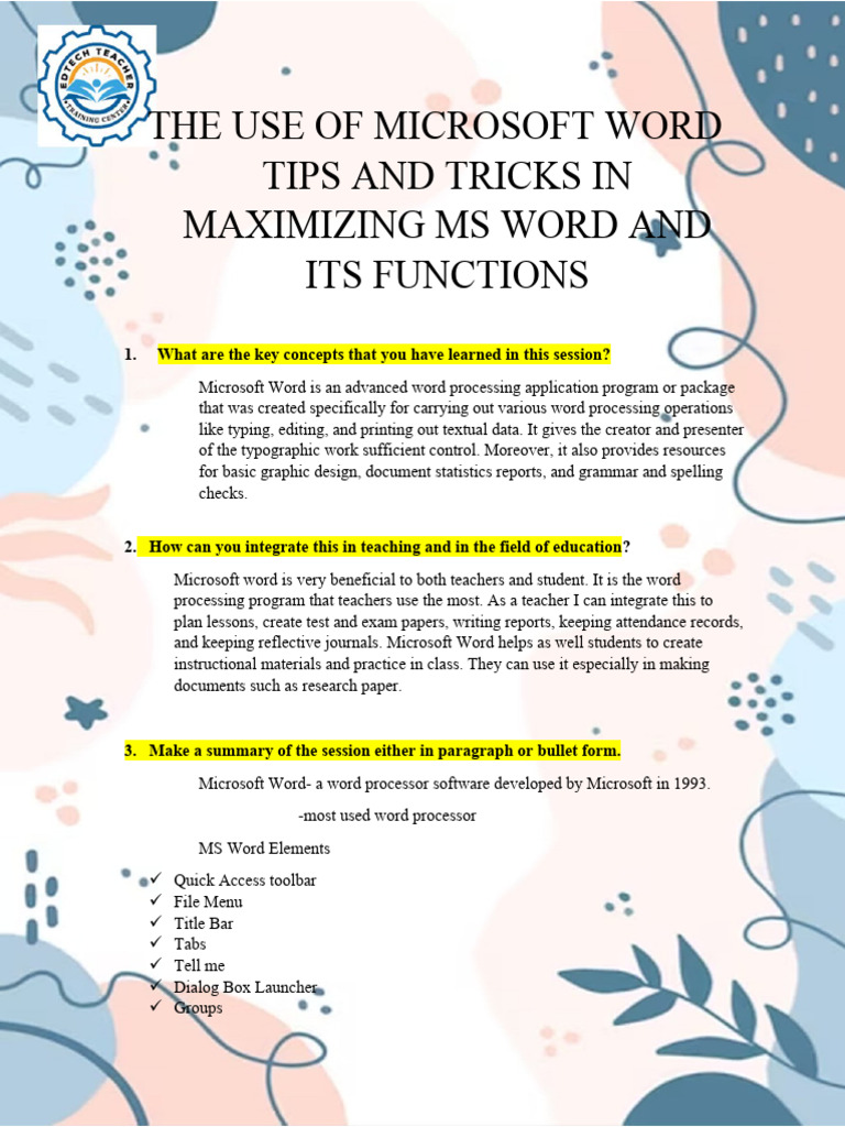 The Use of Microsoft Word Tips and Tricks in Maximizing MS Word and Its ...