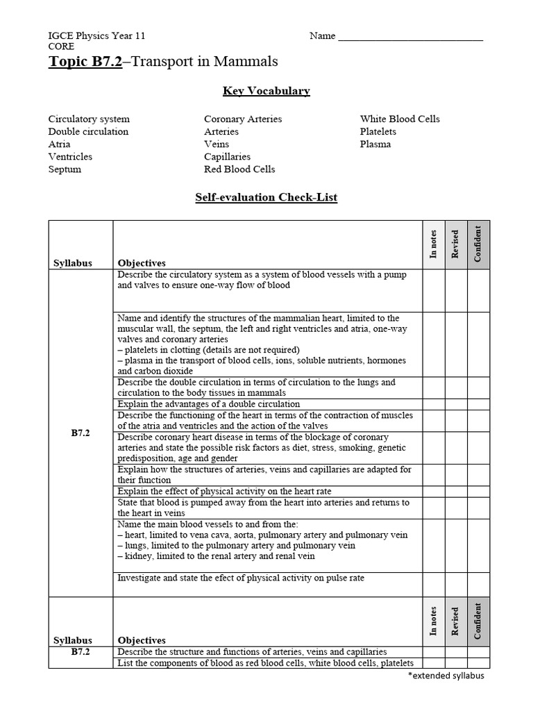 Topics B7.2 Student Objectives-CORE | PDF | Heart | Vein