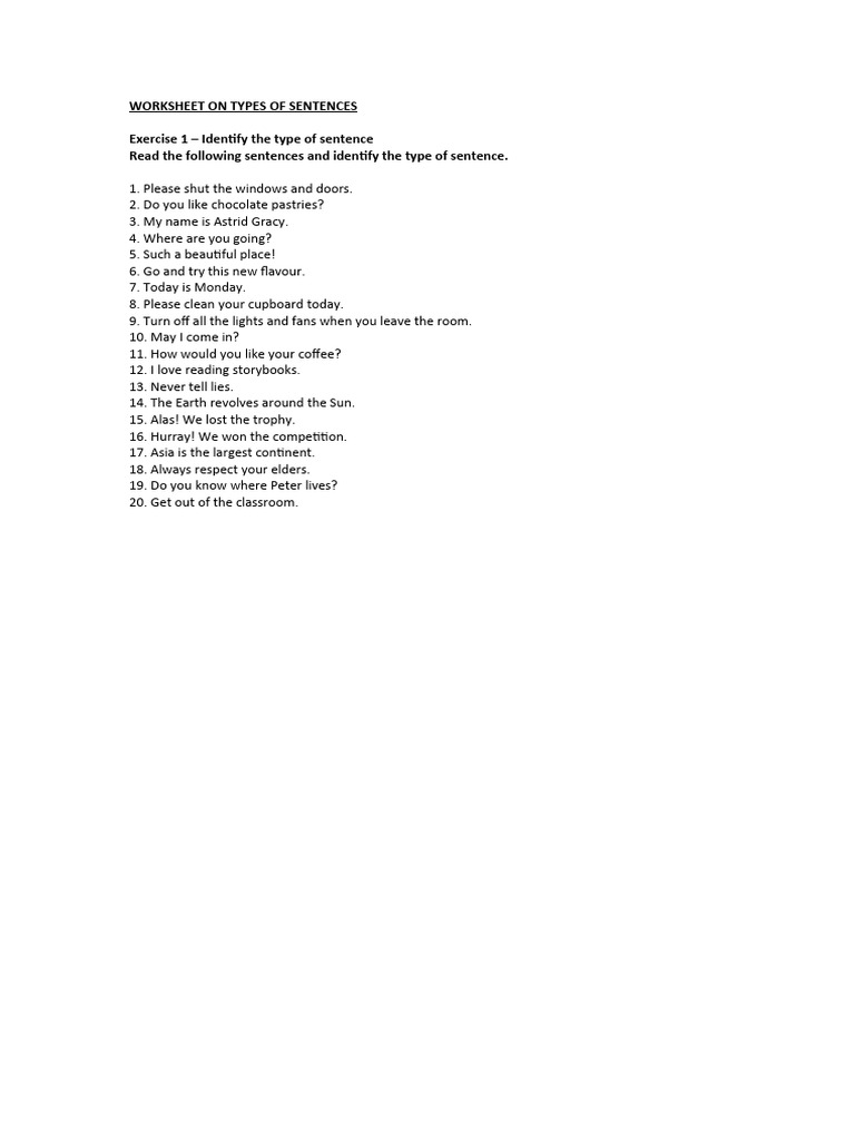 Worksheet On Types of Sentences | PDF