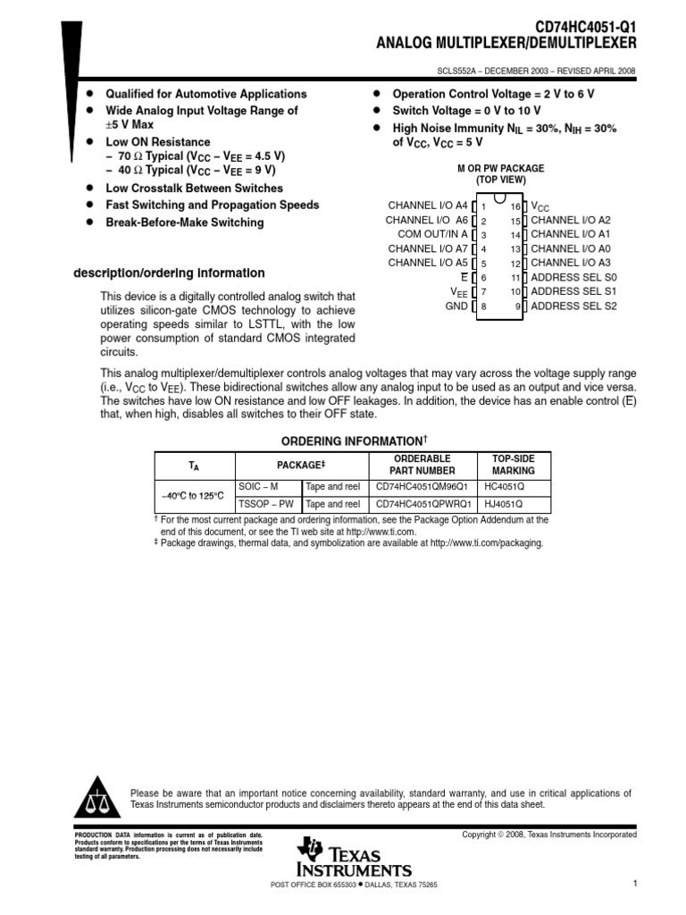 cd74hc4051 q1 | PDF | Cmos | Analogue Electronics