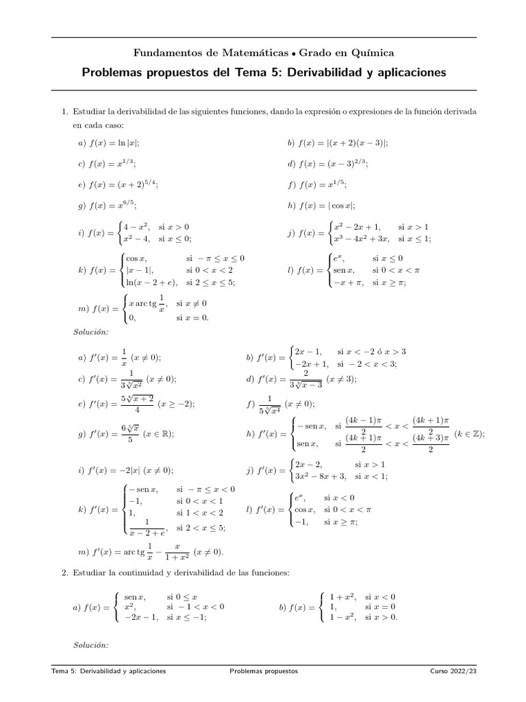 Problemas-Tema 5-Derivabilidad y aplicaciones-FMQ-2022-2023 | PDF | Geometría algebraica ...