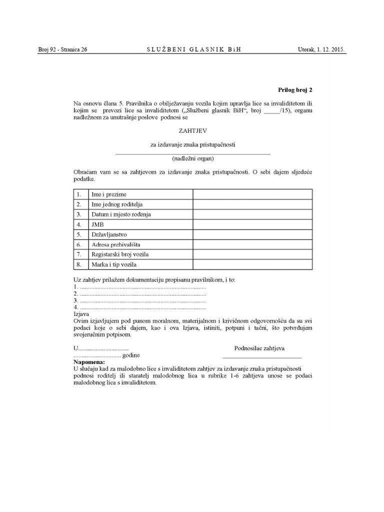 Zahtjev Za Izdavanje Znaka Pristupacnosti | PDF