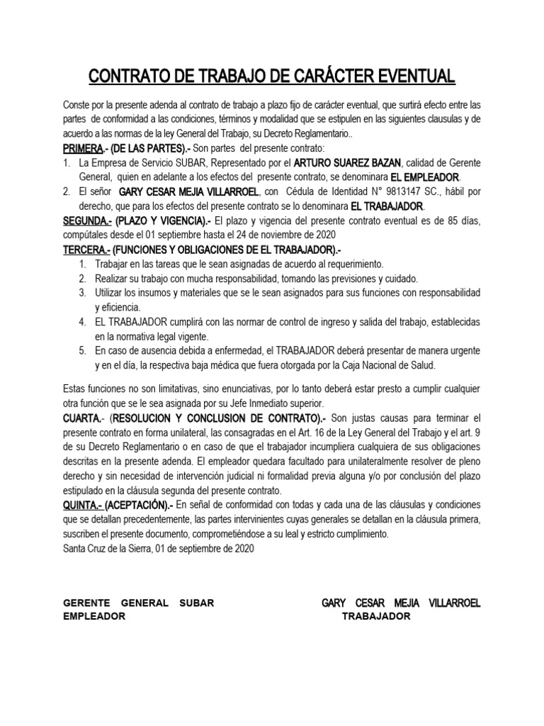 Contrato de Trabajo Eventual de Gary Mejia Villarroel | PDF | Derecho ...
