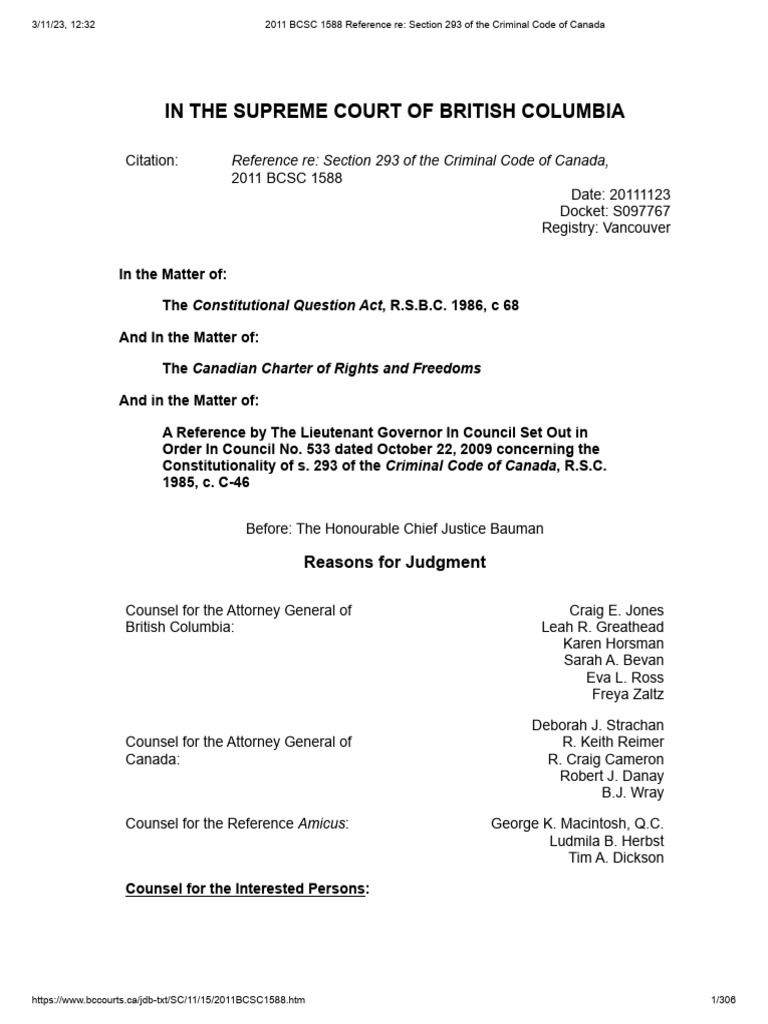 2011 BCSC 1588 Reference Re - Section 293 of The Criminal Code of ... 2011 BCSC 1588 Reference Re - Section 293 of The Criminal Code of ...