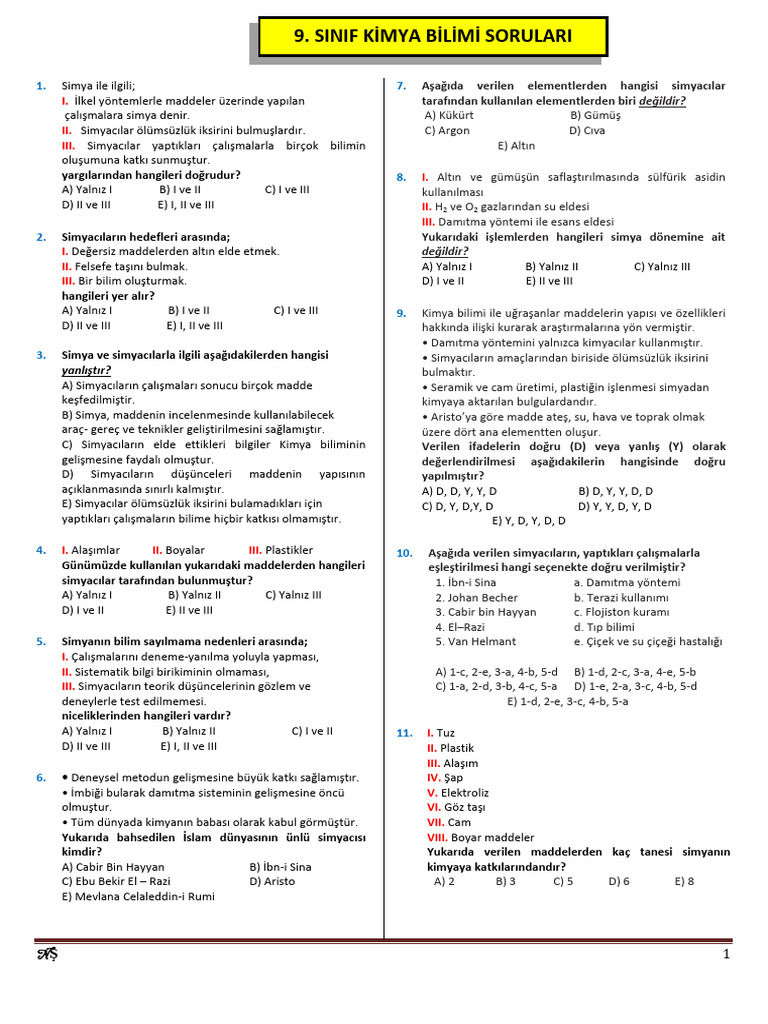 9. SINIF KİMYA BİLİMİ SORULARI-NŞ | PDF