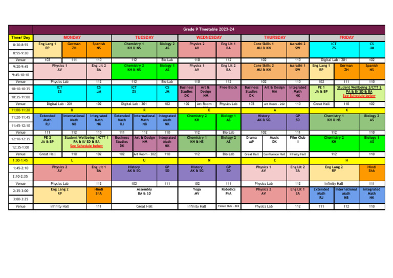 Grade 9 Timetable 2023-24 - GR 9 Regular TT - 4th September Onwards | PDF
