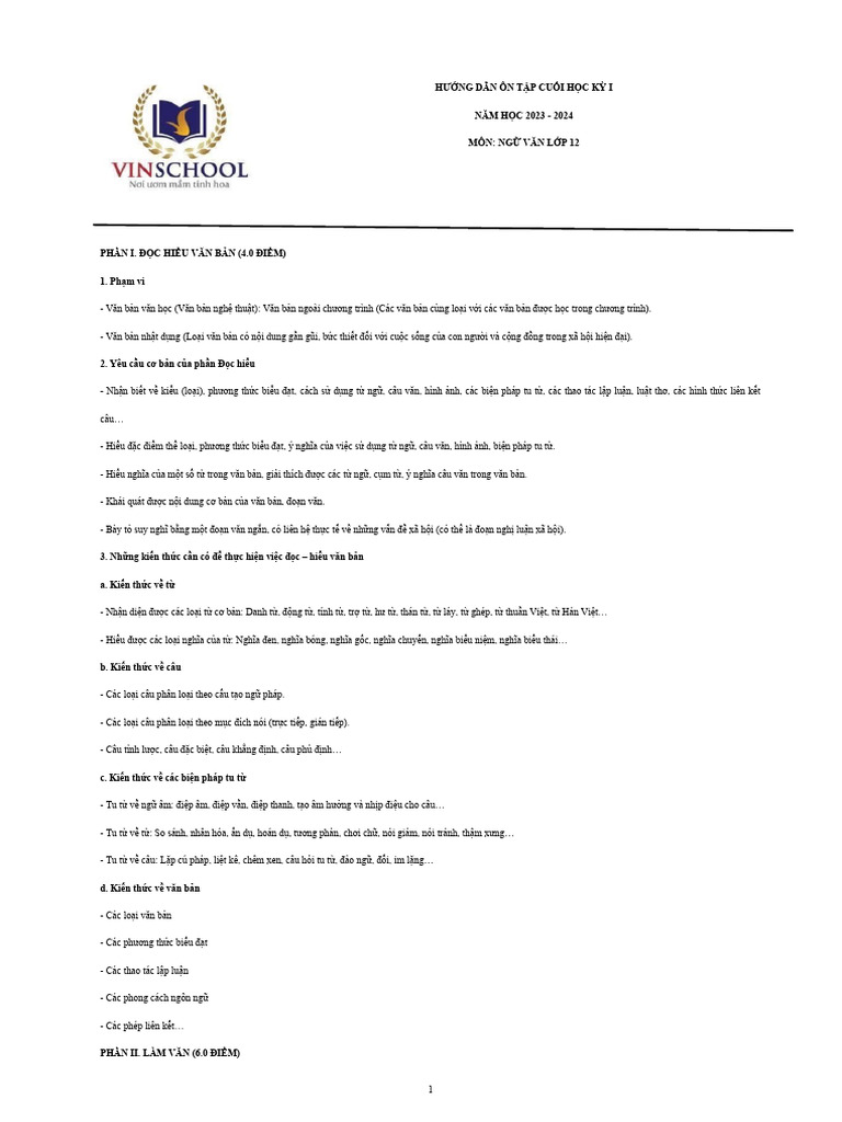 Van 12 - Huong Dan On Tap Cuối HKI - NH2023-2024 | PDF