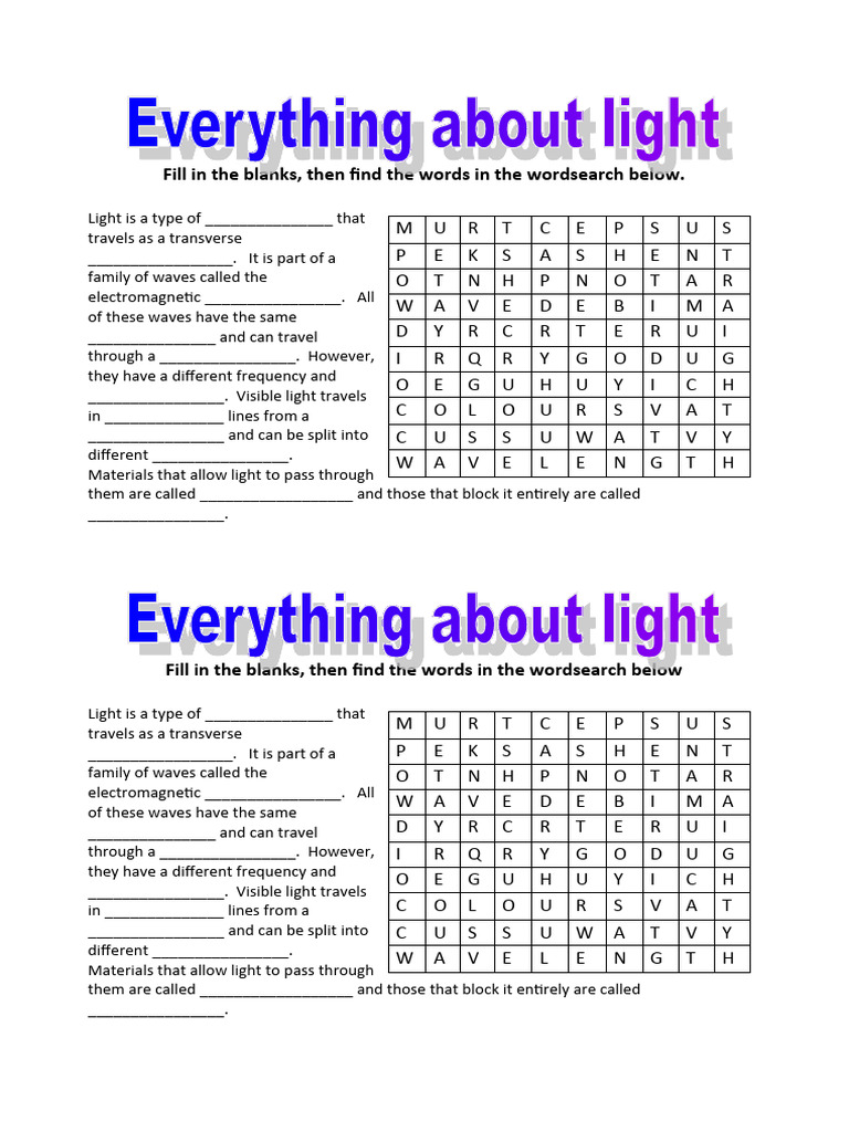 Light Wordsearch Fill in The Blanks | PDF | Light | Waves