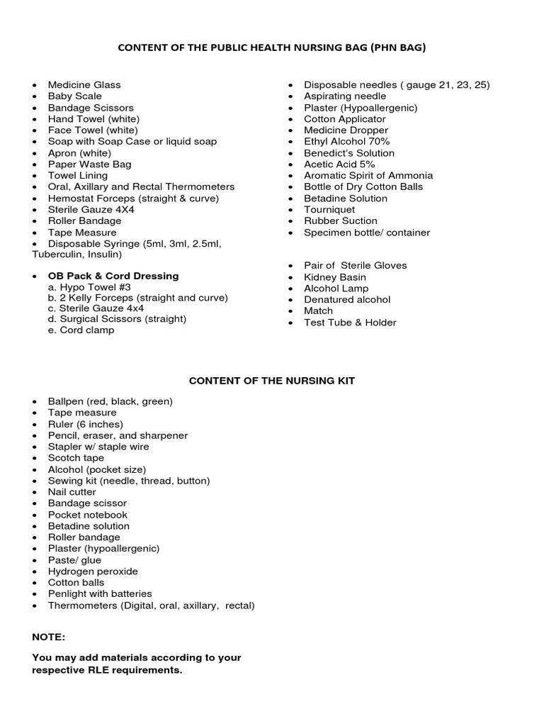 Content of PHN Bag & Nursing Kit | PDF